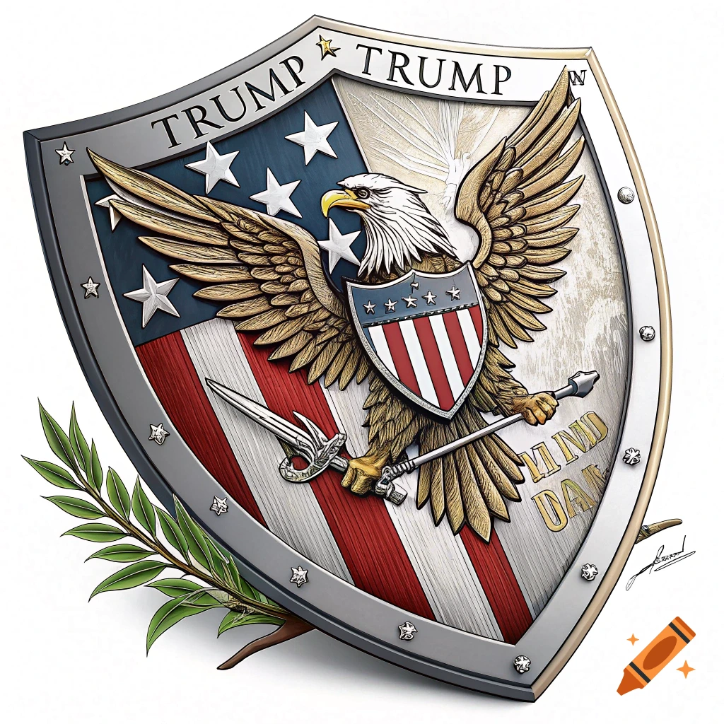 Shield emblem with eagle, US flag design, sword, olive branch, and ...