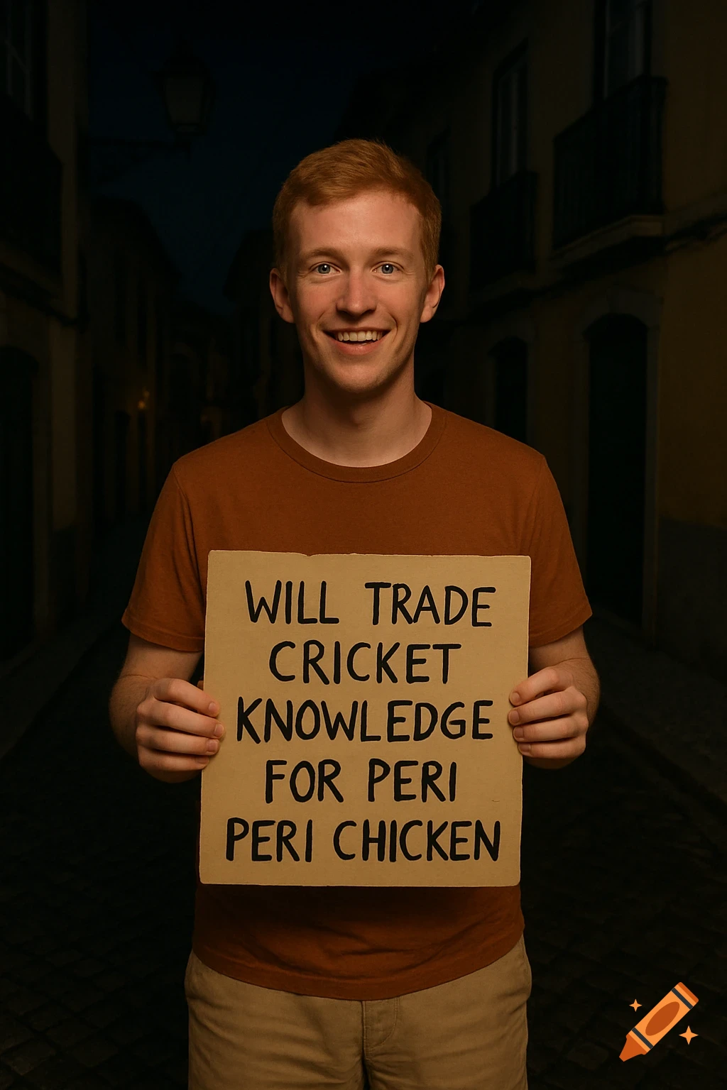 A smiling man holds a sign that reads 'WILL TRADE CRICKET KNOWLEDGE FOR ...