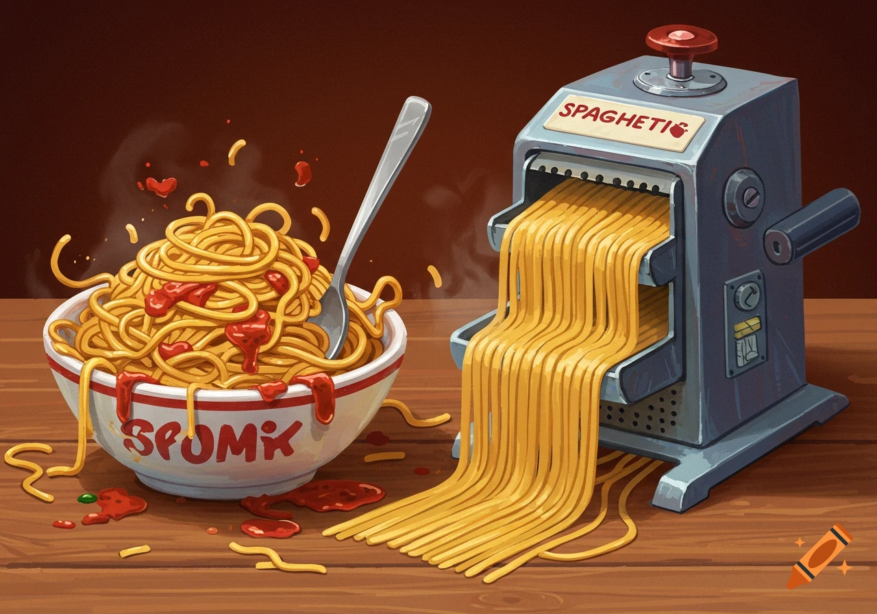Illustration of a spaghetti machine feeding spaghetti into a bowl, with ...