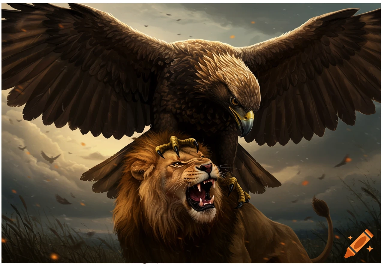 A large eagle grasps a roaring lion in its talons against a dramatic ...