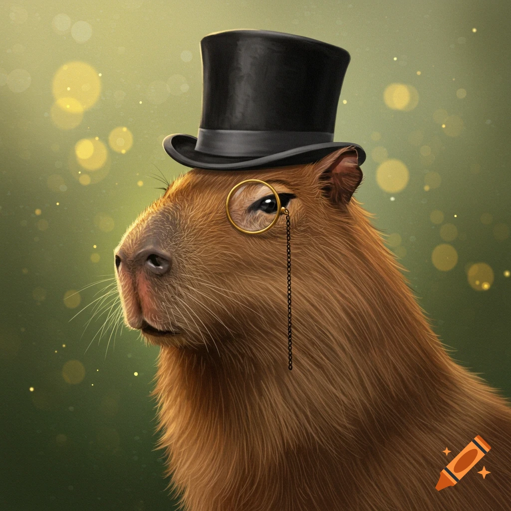 An illustration of a capybara wearing a top hat and monocle on Craiyon