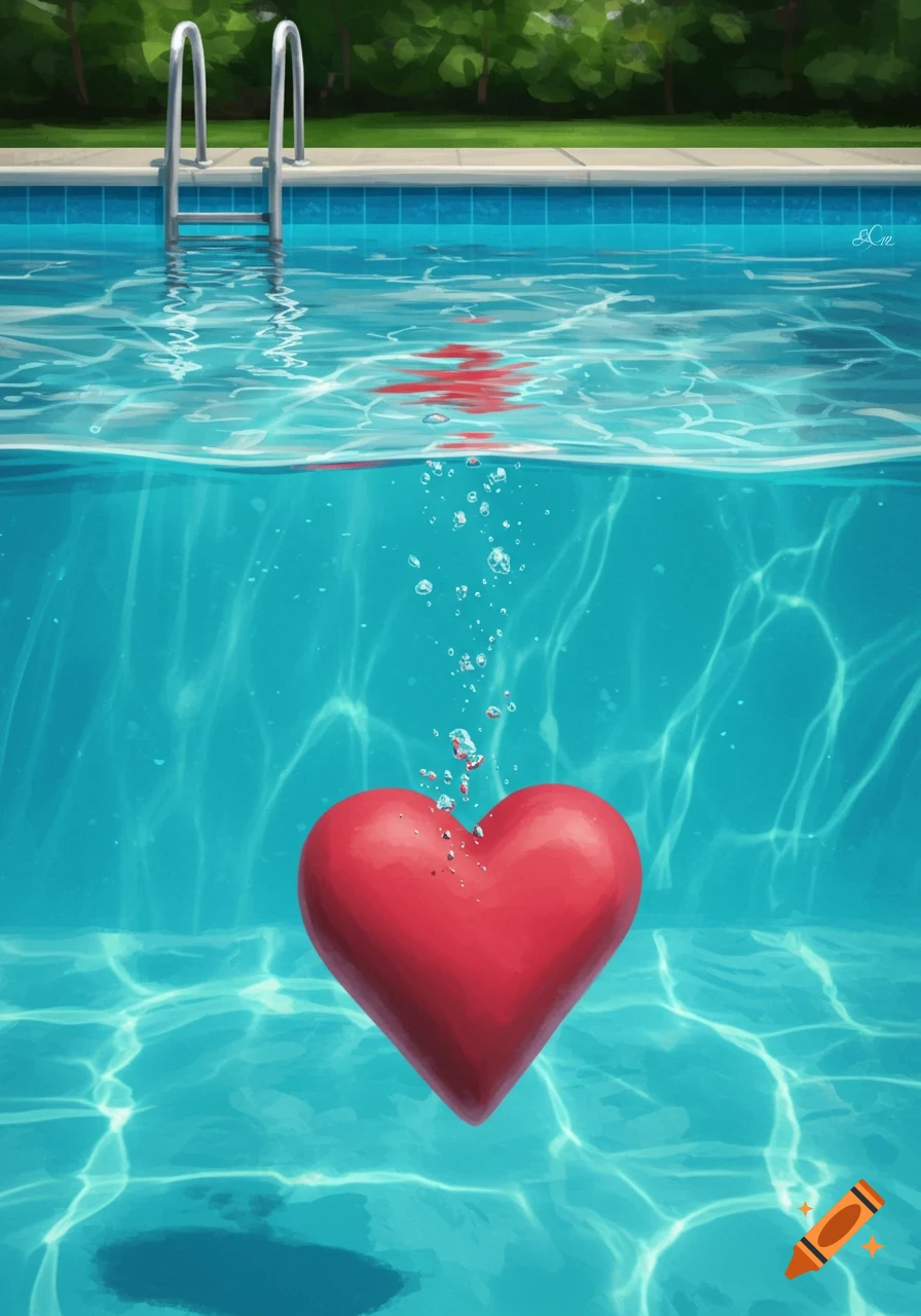 A red heart sinks underwater in a swimming pool with bubbles rising. on ...