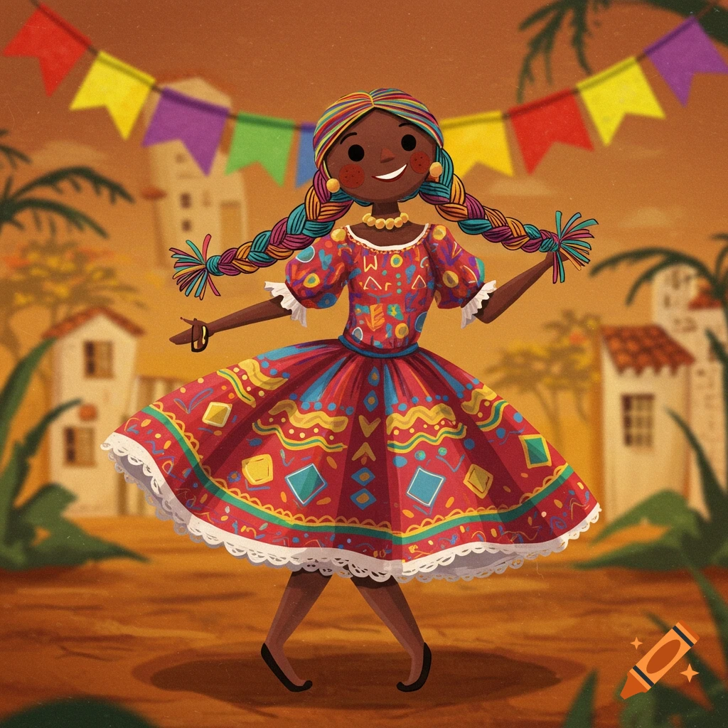 Stylized girl in a colorful dress dances under flags, folk art ...