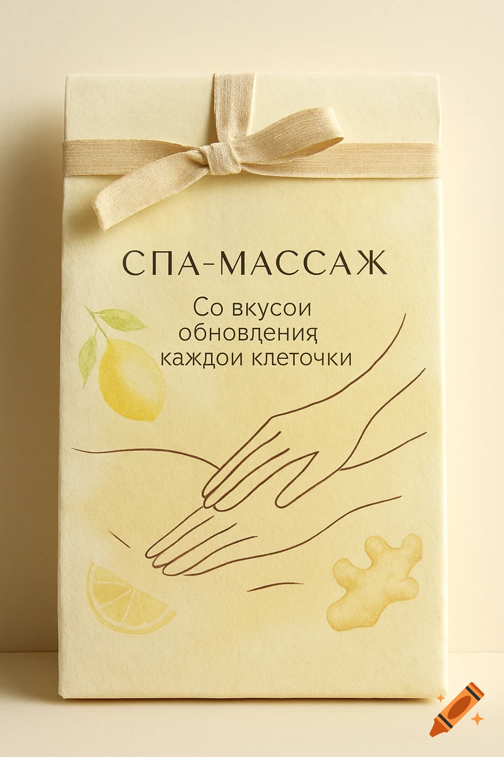 Packaging for spa massage with line drawing of hands, watercolor lemon ...