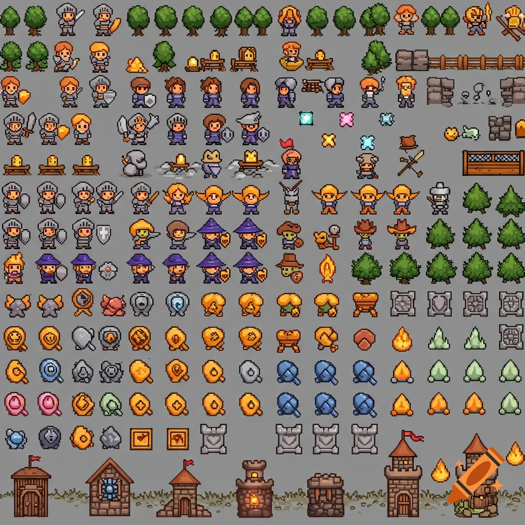 Pixel art sheet of fantasy game sprites including characters, trees ...