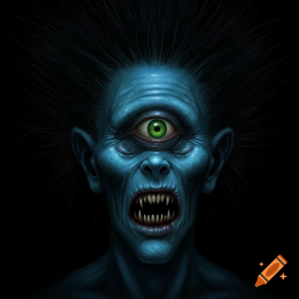 Close-up of a blue-skinned cyclops monster with sharp teeth and spiky ...