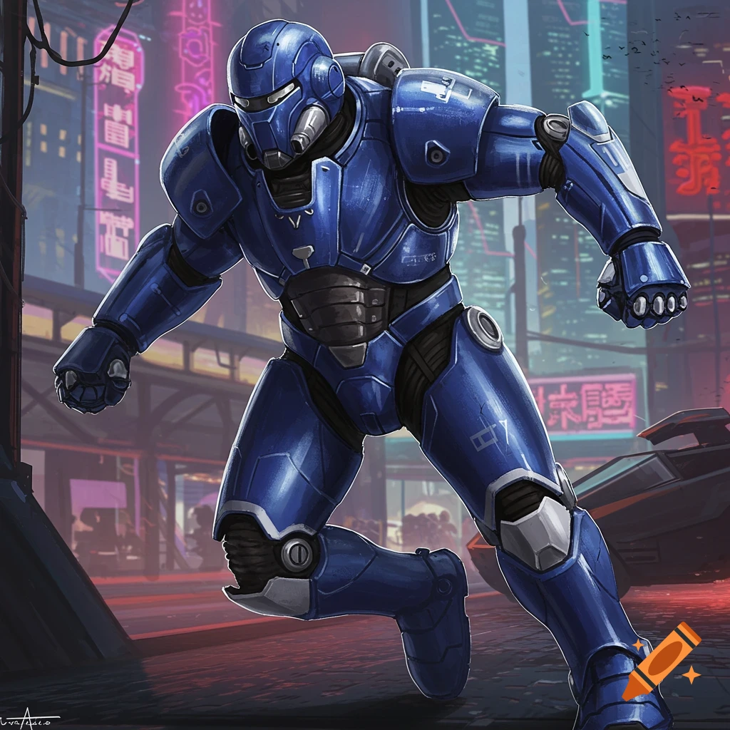 A person in blue power armor runs through a futuristic city street at ...