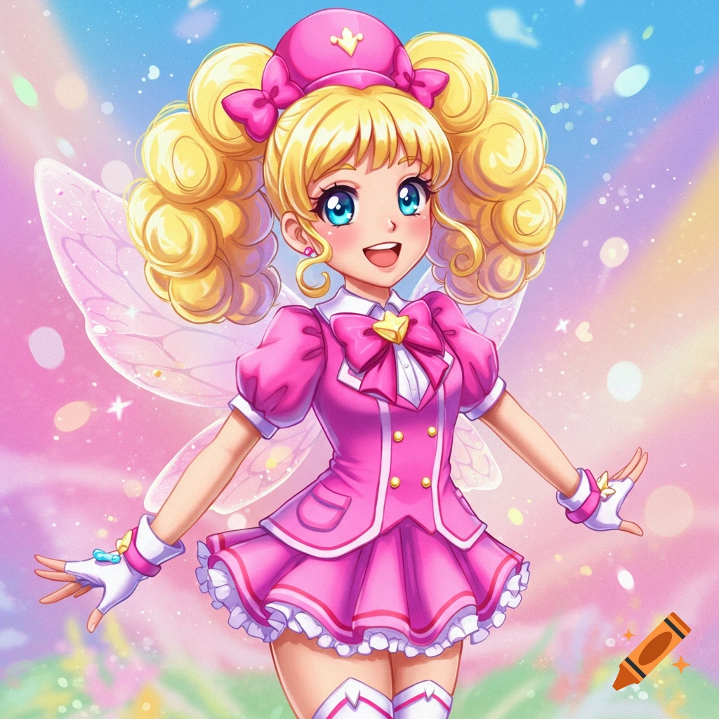 A blond anime magical girl fairy in a pink uniform smiles. on Craiyon