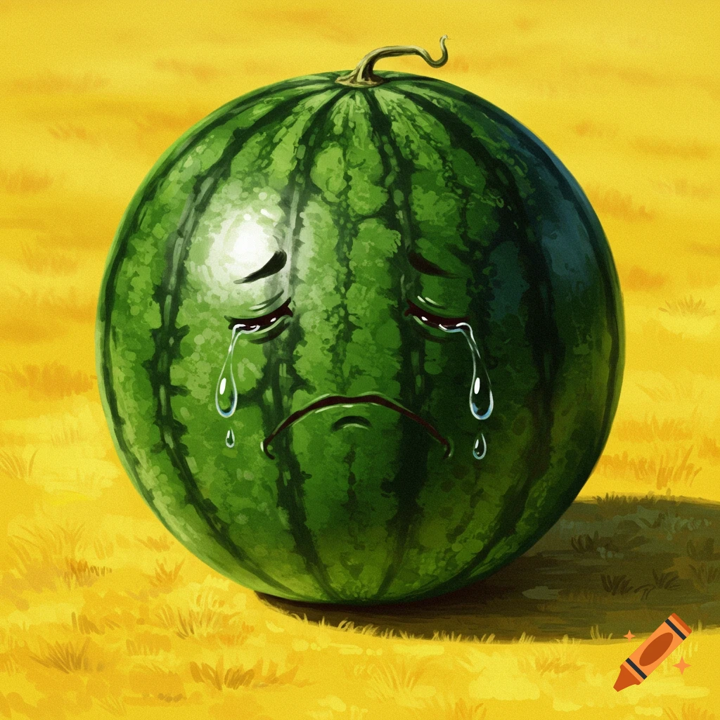 A green watermelon with a sad face cries tears onto the yellow ground ...