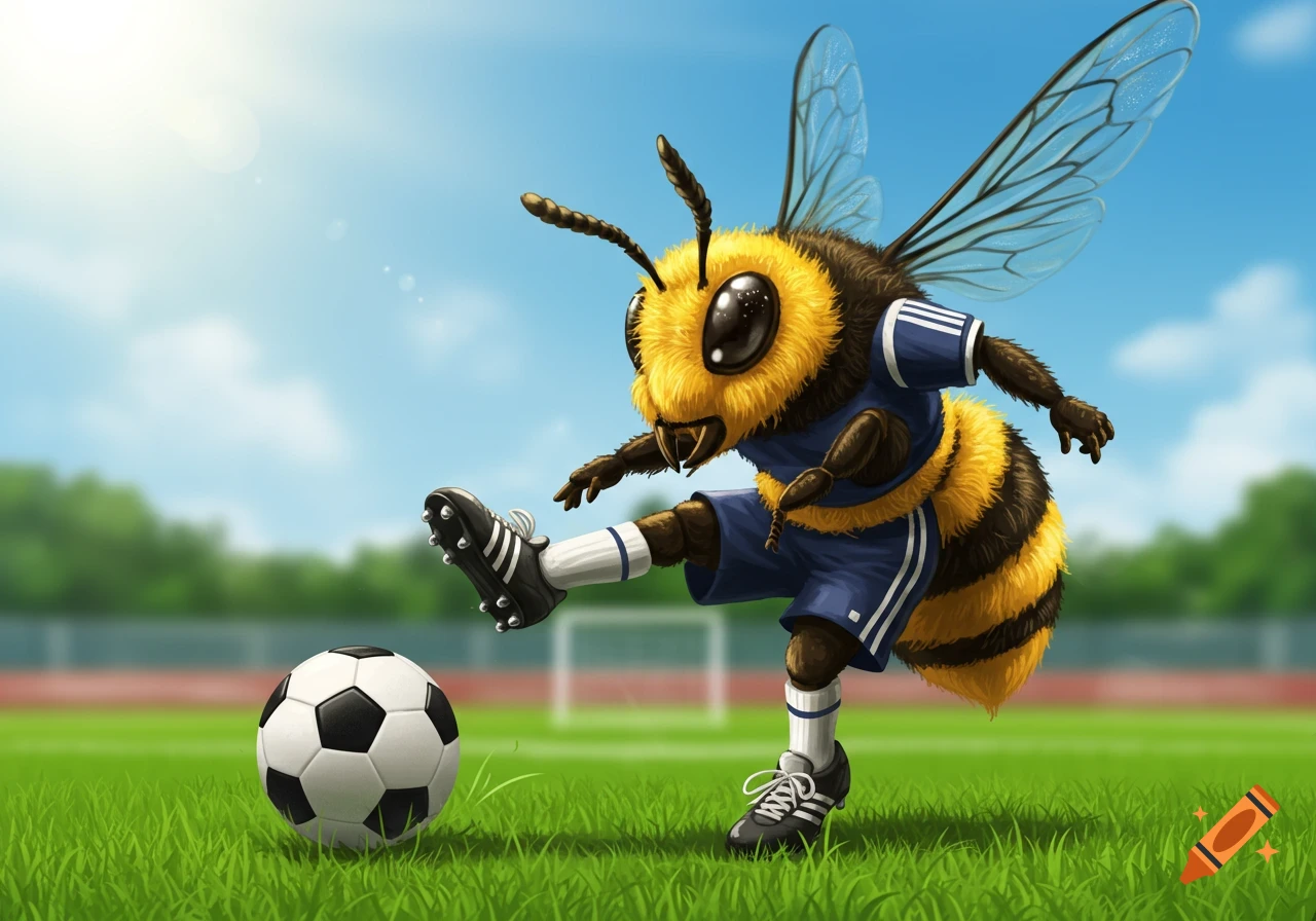 Cartoon bee in soccer uniform kicking a ball on a field under a sunny ...