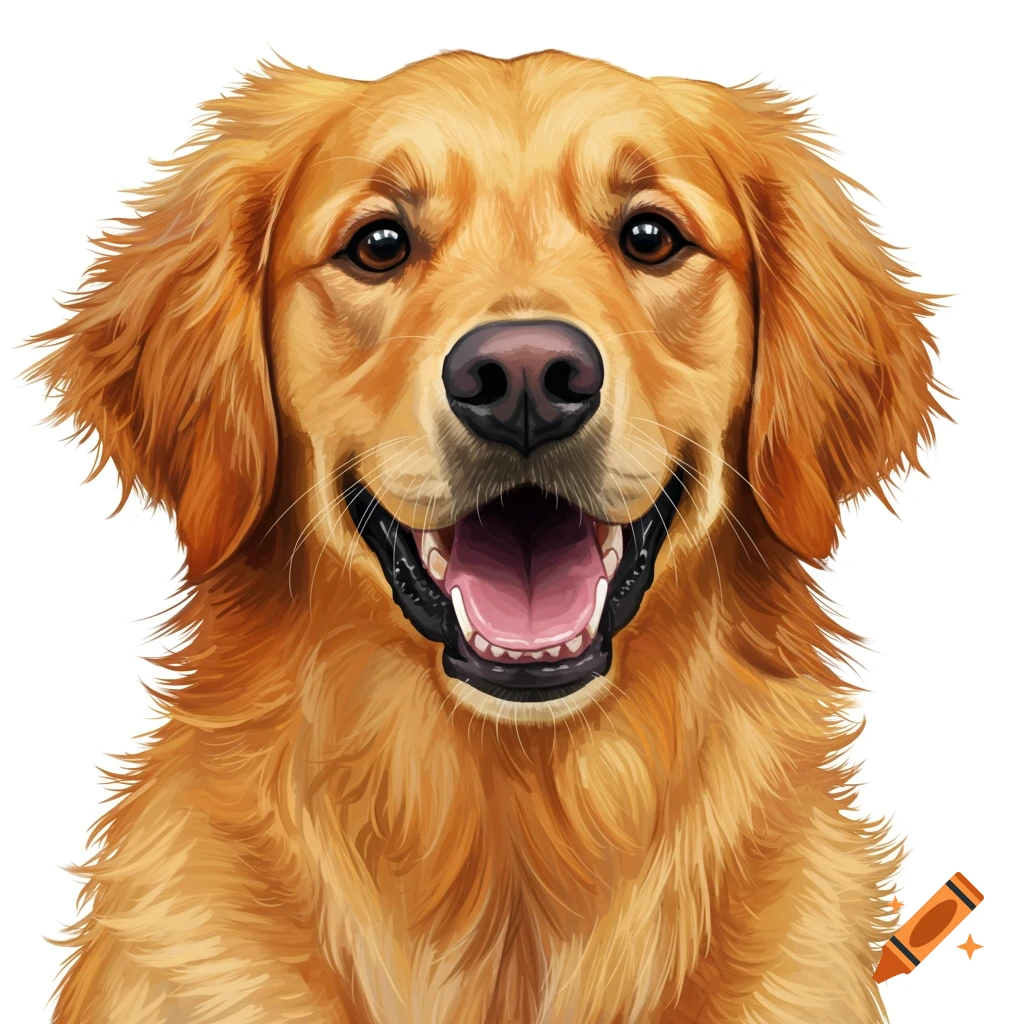 Close-up illustration of a smiling golden retriever dog face. on Craiyon