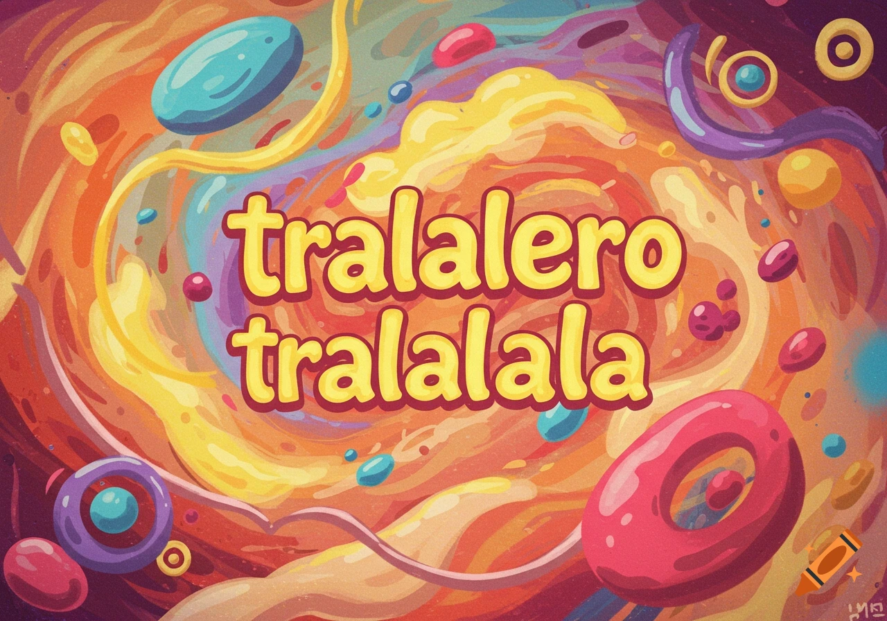 Colorful abstract illustration with swirling shapes and the text 'tralalero tralalala'. on Craiyon