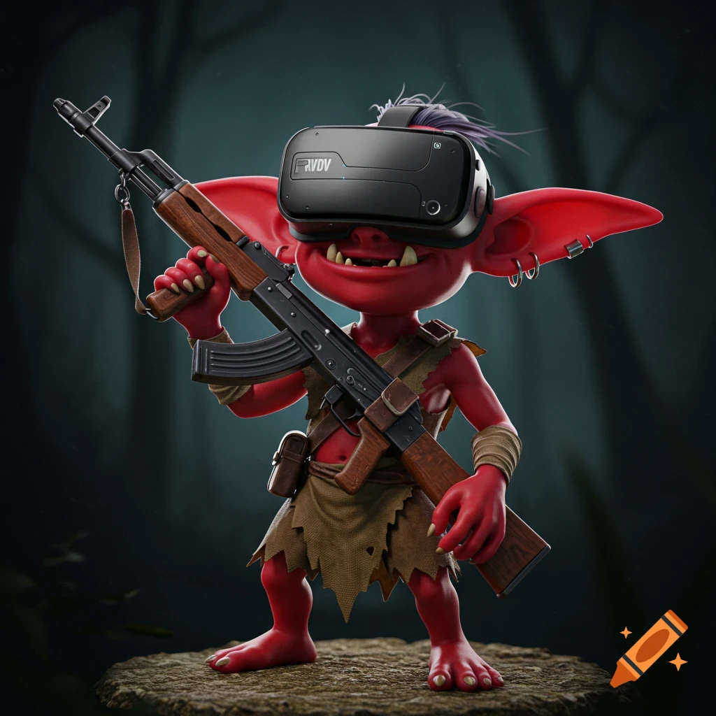 Stylized 3D render of a red goblin wearing a VR headset and holding an ...
