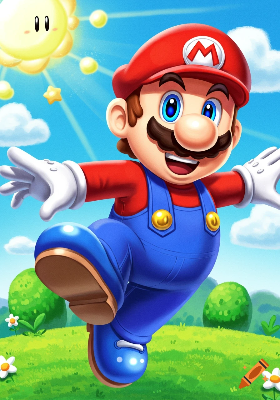 Mario jumping in a bright grassy field with a smiling sun on Craiyon