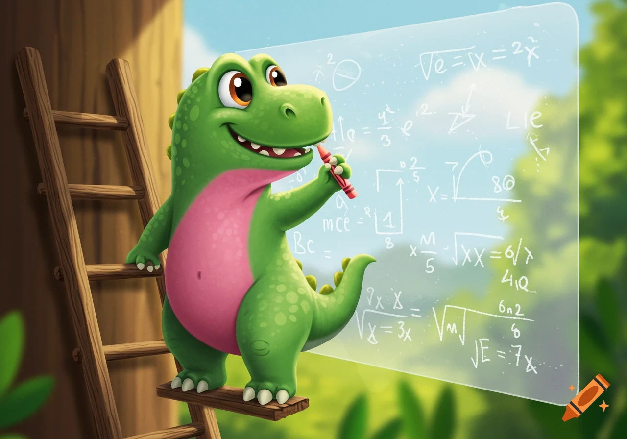 Cute cartoon dinosaur on a ladder writing math equations on a clear ...