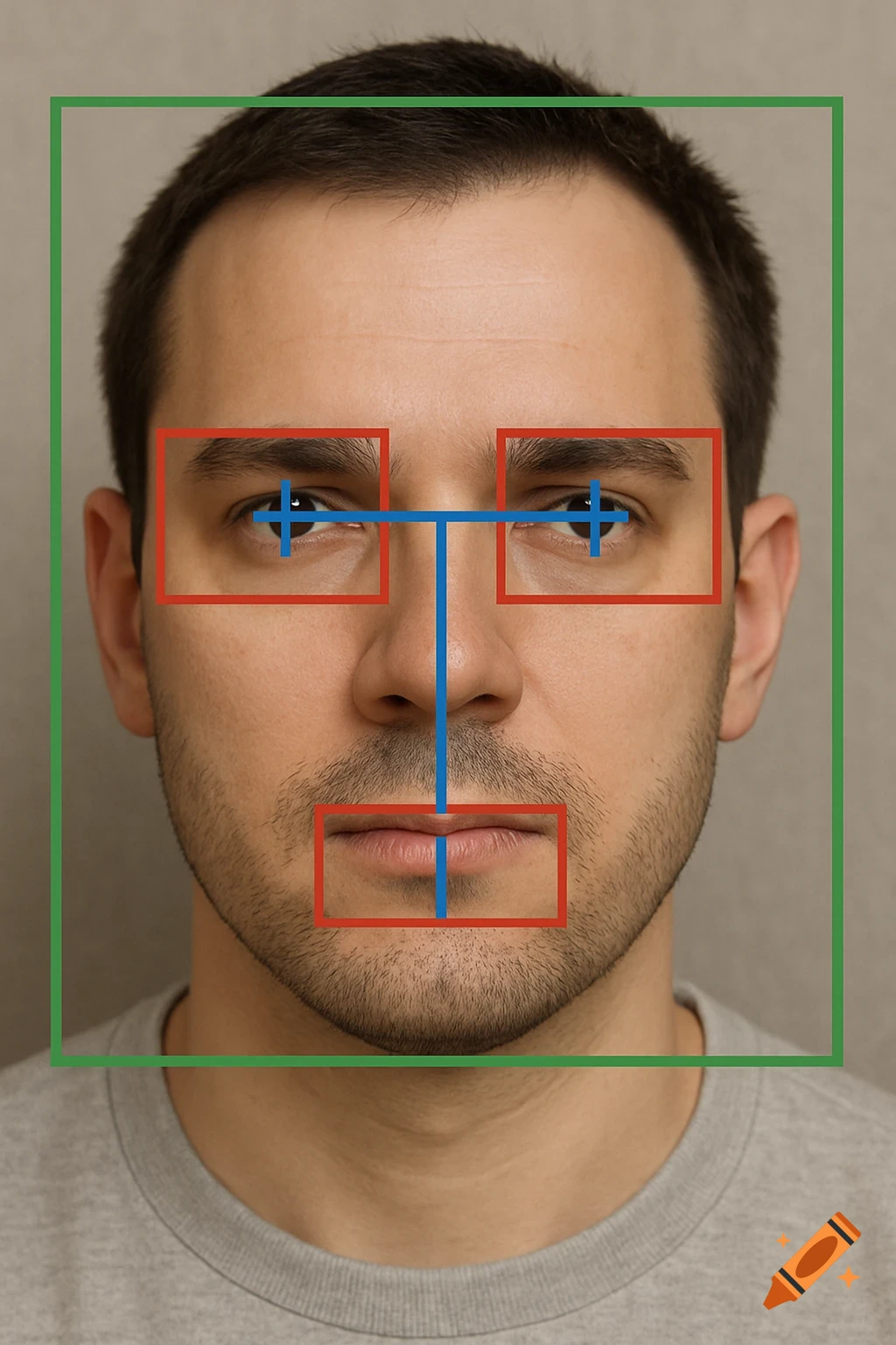 Close-up of a man's face with green, red, and blue geometric lines and ...