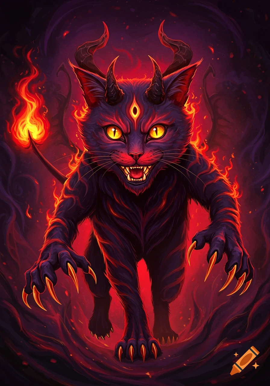 Stylized illustration of a black cat devil with horns, a third eye, and ...