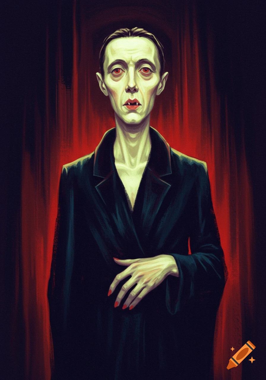 Expressionist oil pastel portrait of a gaunt vampire with red eyes and ...