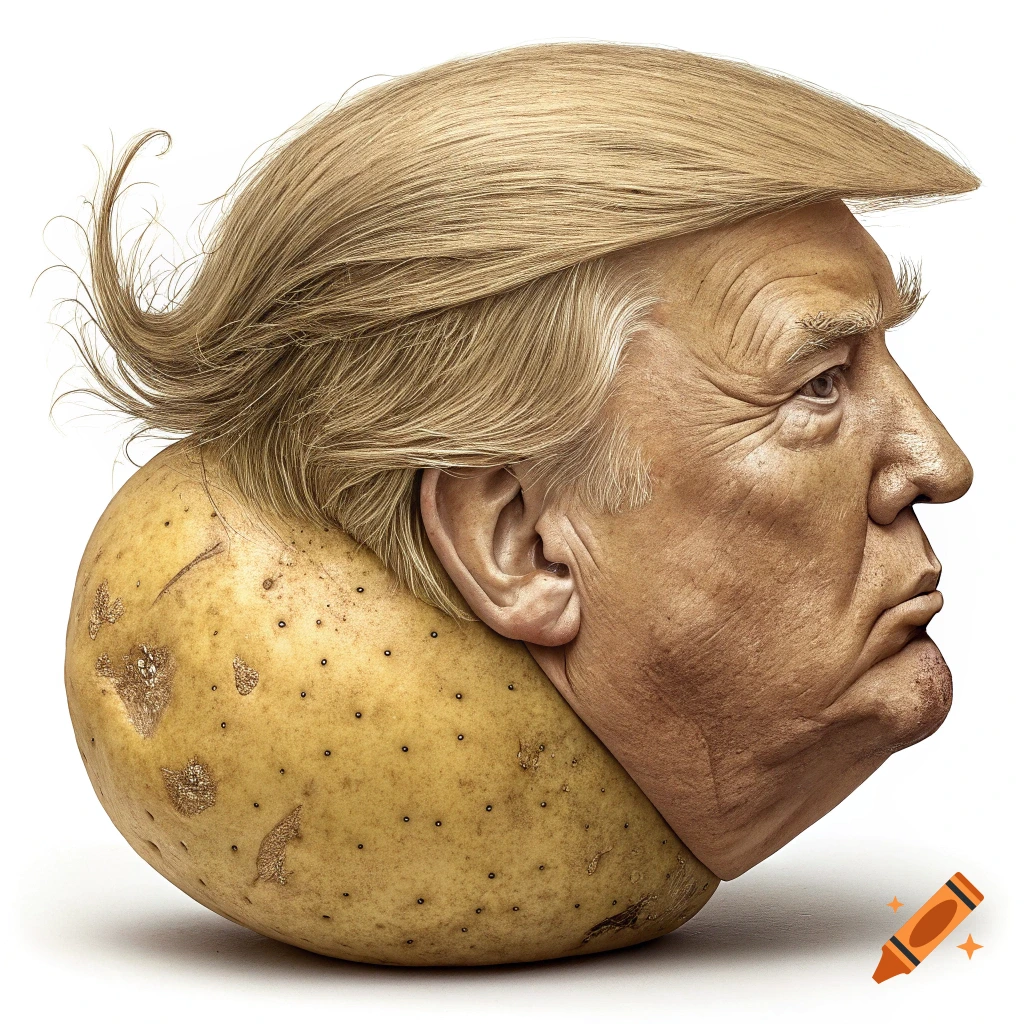 A photorealistic image of a potato with Donald Trump's face and hair ...