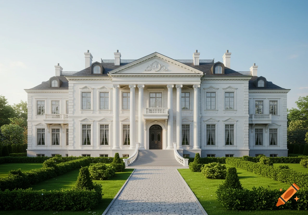 Realistic rendering of a large white elegant mansion with a garden path ...