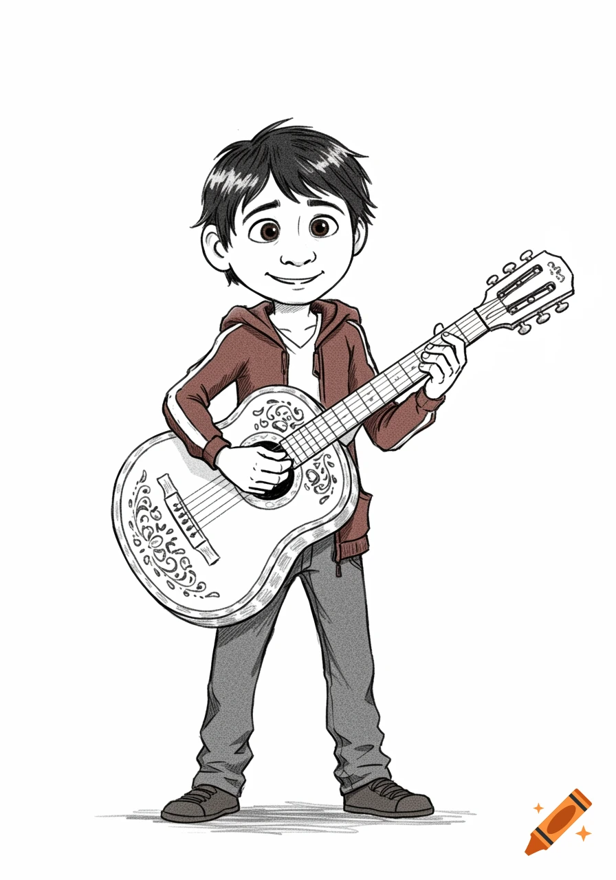 Cartoon sketch of Miguel from Coco playing a guitar. on Craiyon