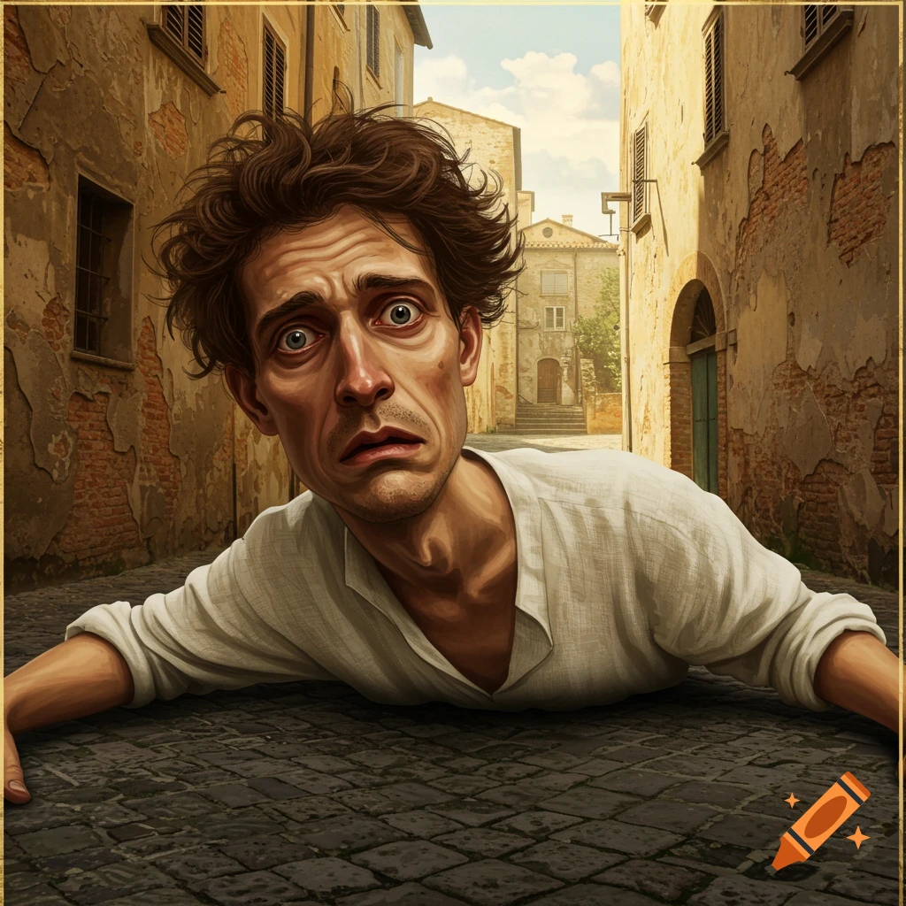 Distorted man lying on cobbled street looking scared in an old town. on ...