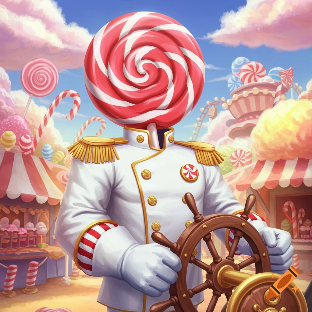 Anthropomorphic lollipop sea captain in uniform holds a ship's wheel in ...