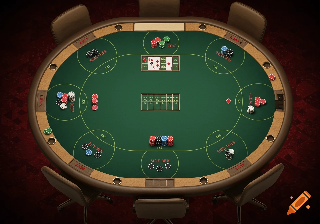 Overhead view of a poker table with chips and cards. on Craiyon