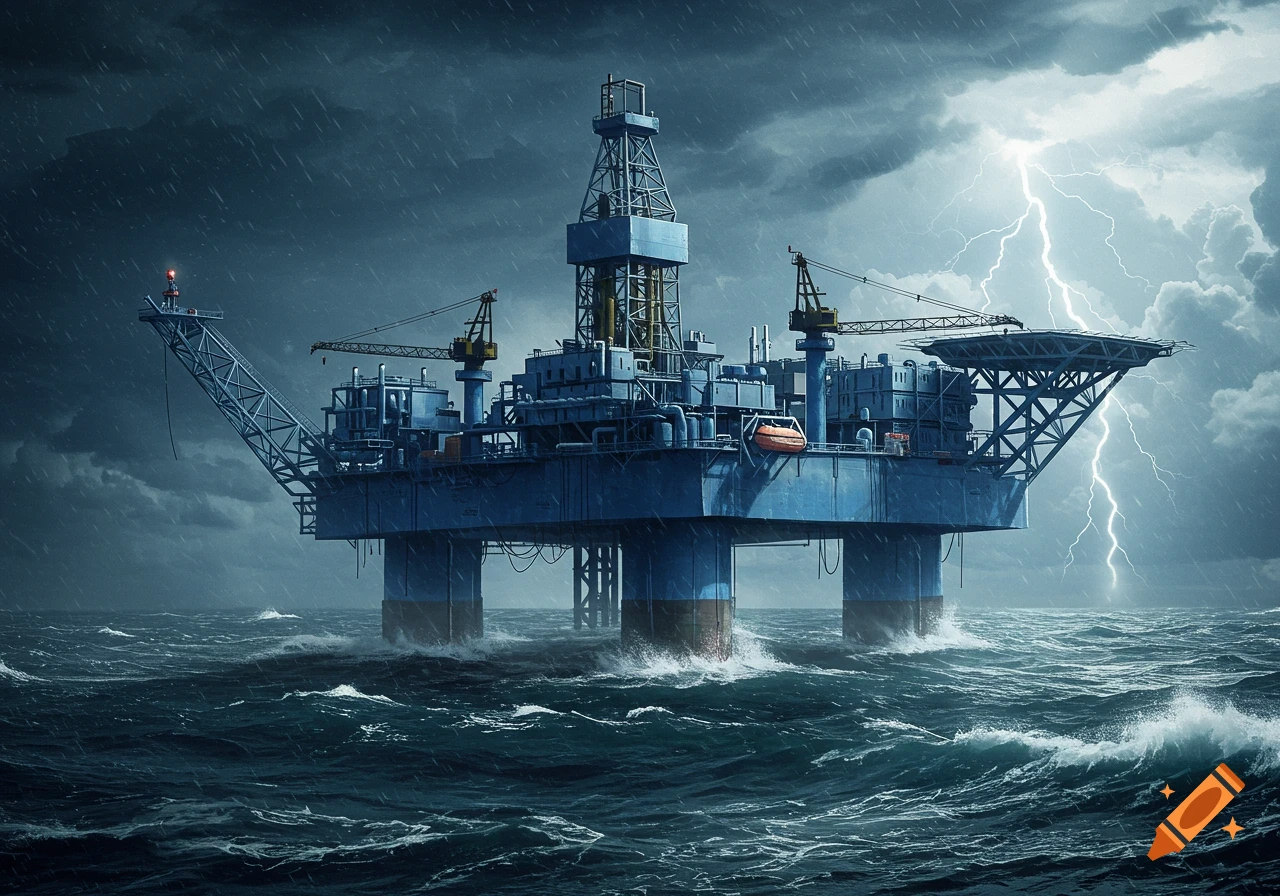 An oil rig stands in rough seas under a stormy sky with rain and ...