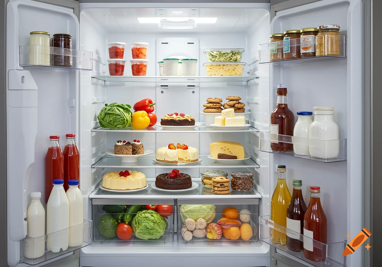 An open refrigerator filled with shelves of food items, drinks, desserts, and produce. on Craiyon