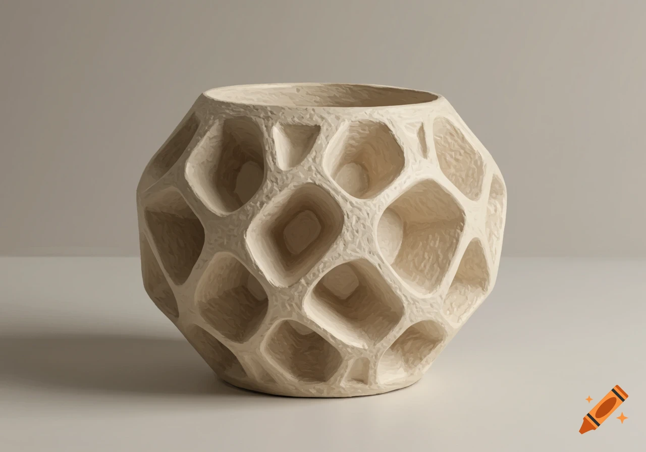 A minimalist papier-mâché vase with a complex, porous texture. on Craiyon