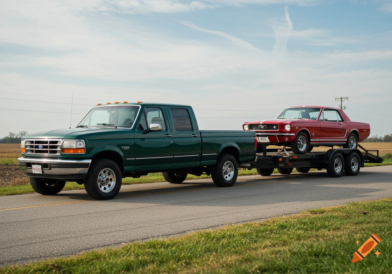 Green pickup truck towing a red vintage car on a trailer on a road. on ...