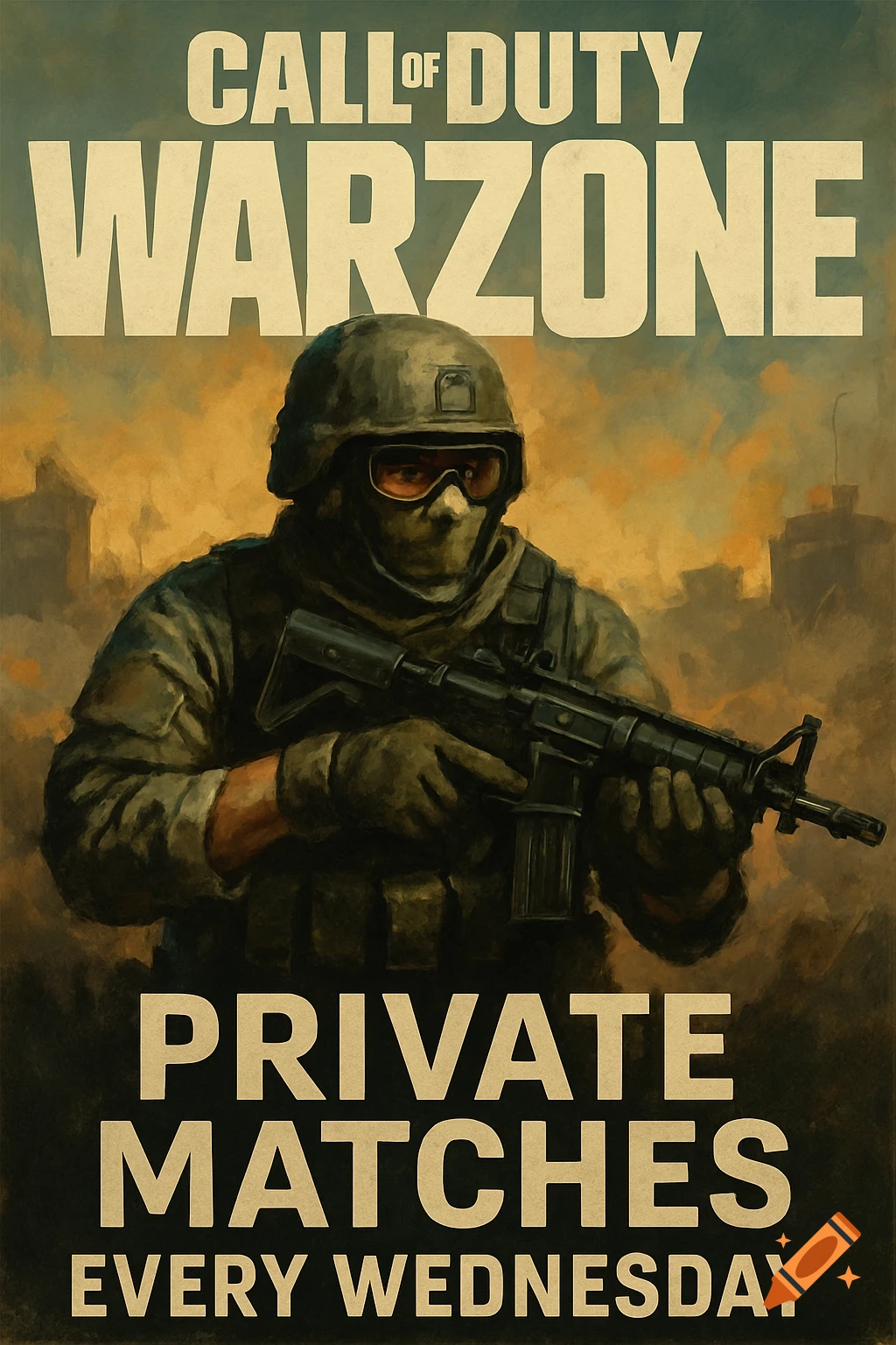 A retro-style poster shows a soldier holding a rifle, with text 'Call ...