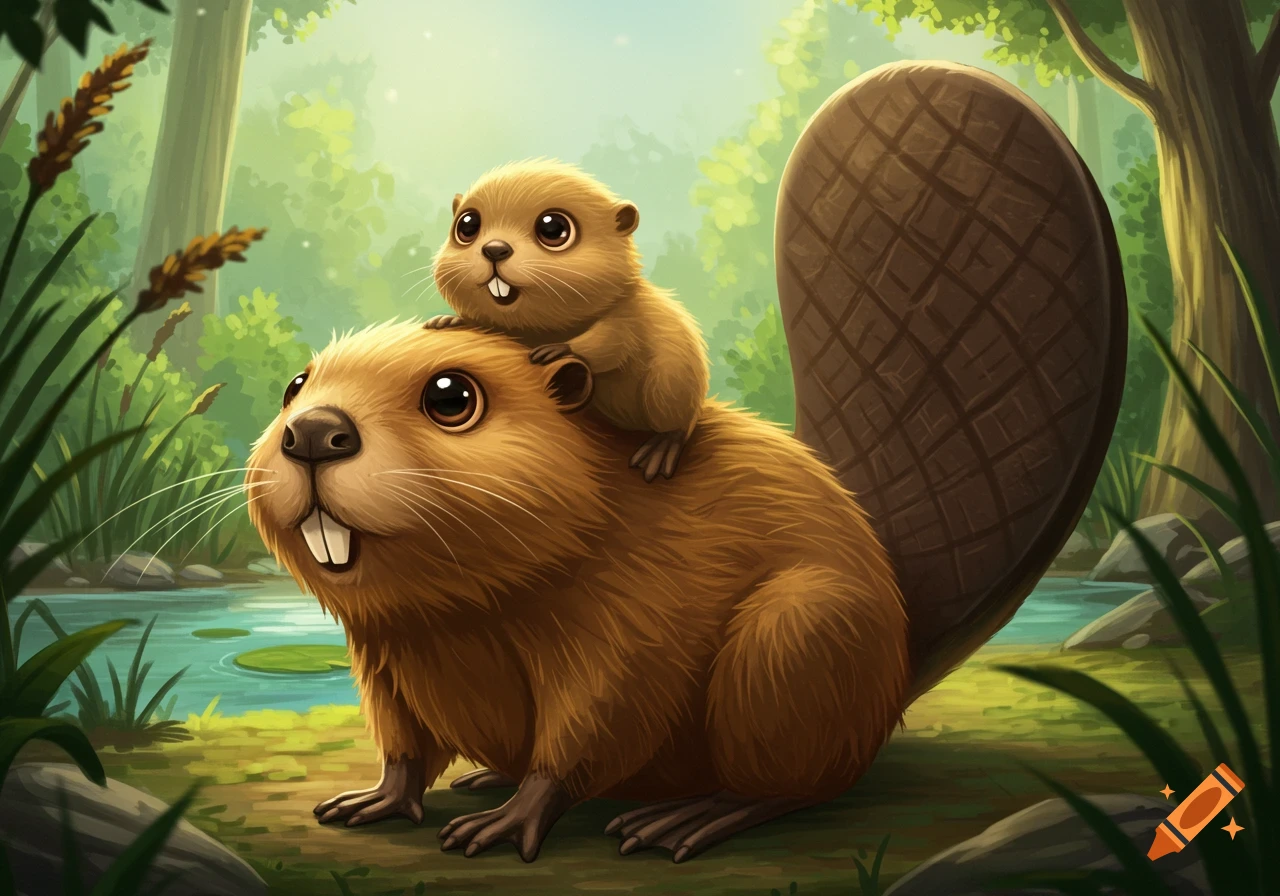 Cute baby beaver riding on the back of a big beaver in a forest stream ...