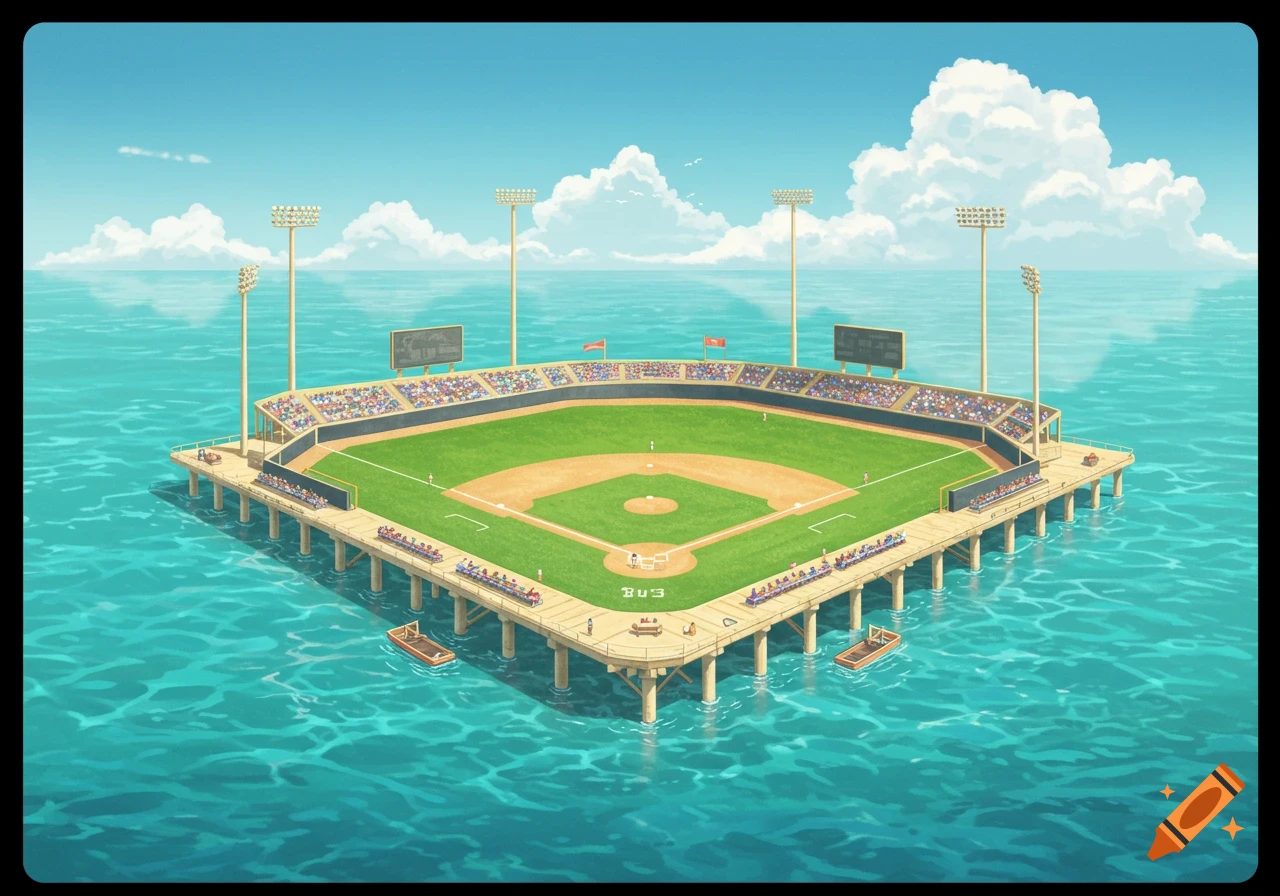 A stylized illustration of a baseball stadium built on a pier over the ...