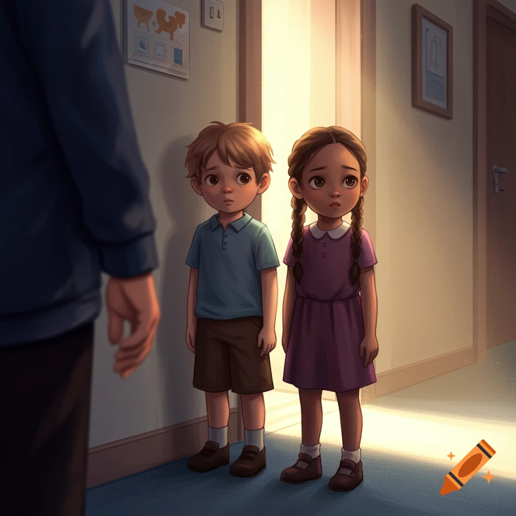 Two sad children stand before an adult in a hallway, illustration. on ...