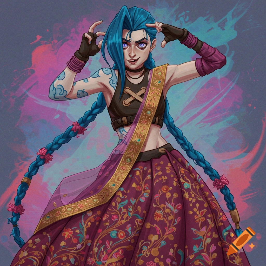 Illustration of Jinx from Arcane in a purple and gold Indian style ...
