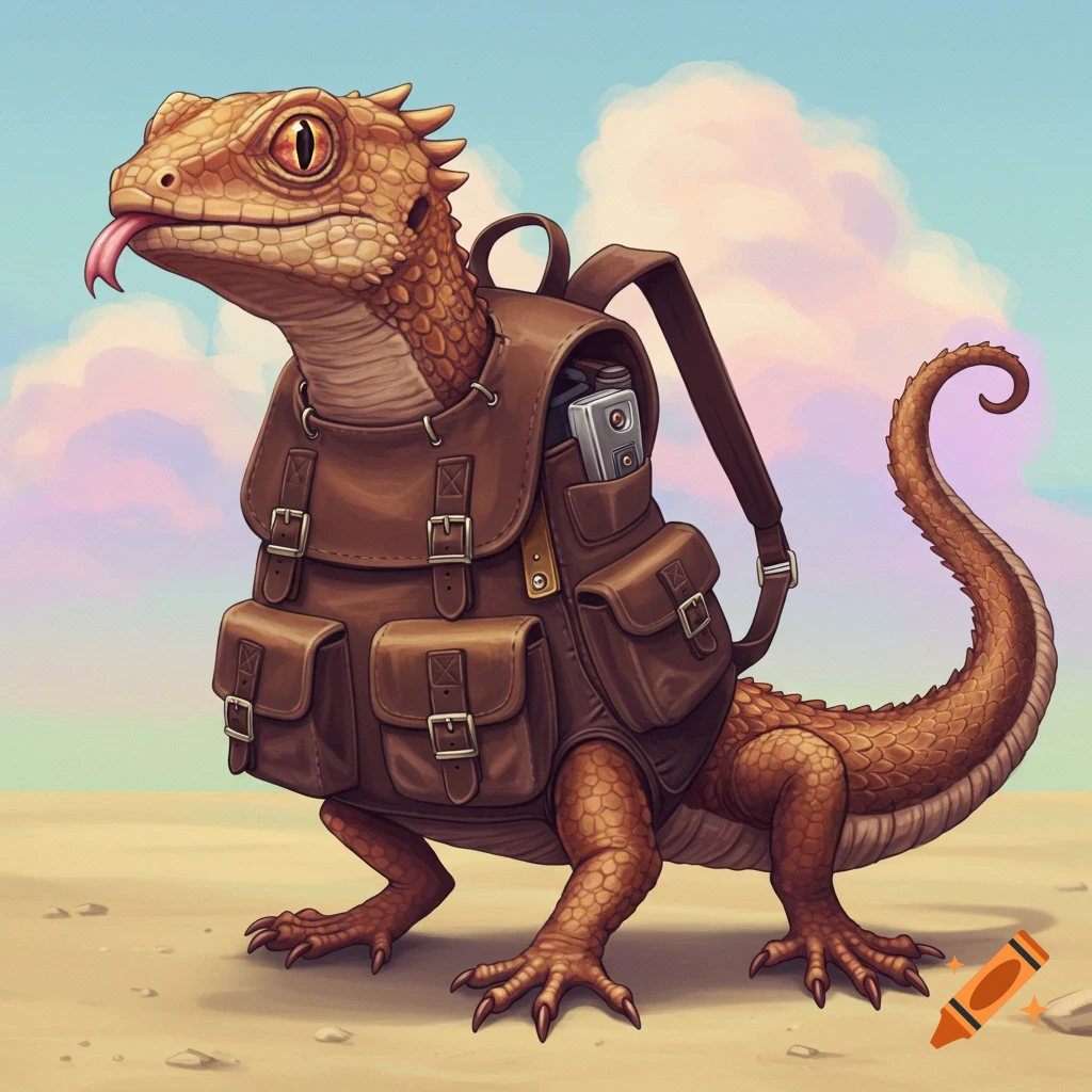 Illustration of a lizard wearing a large brown backpack standing in a ...