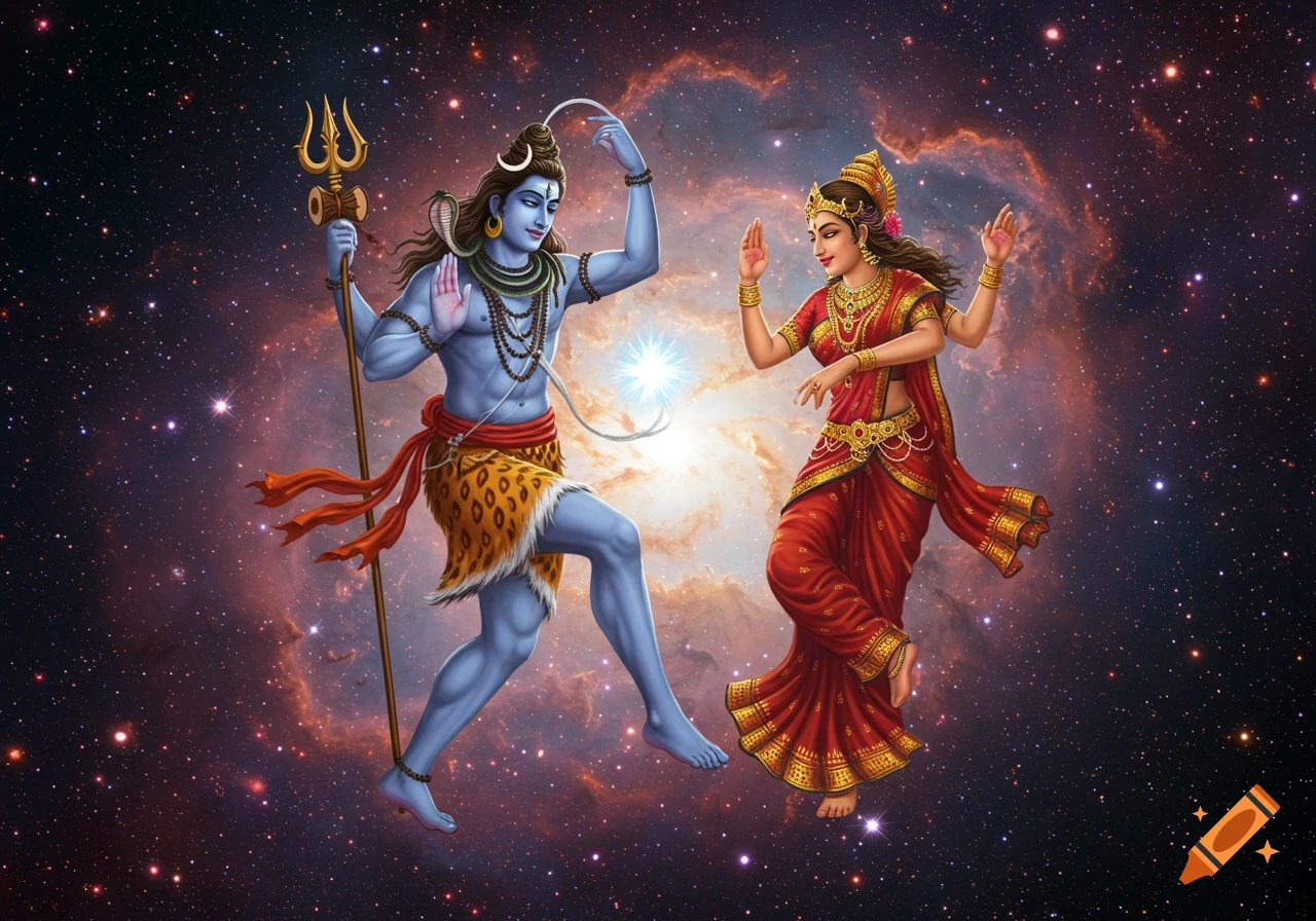 Shiva and Parvati dance in a vibrant cosmic nebula. on Craiyon