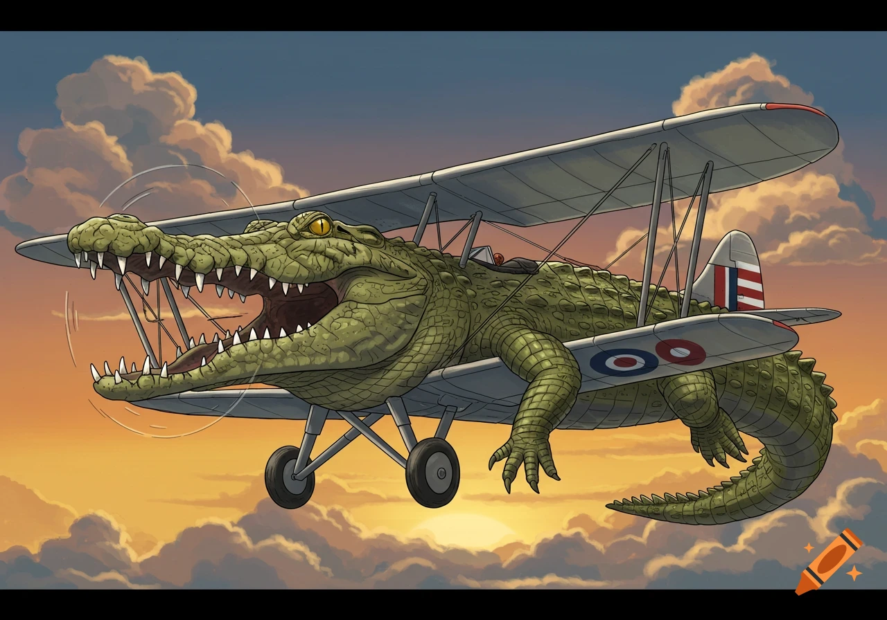 A large green crocodile flying a biplane through cloudy sky at sunset on Craiyon