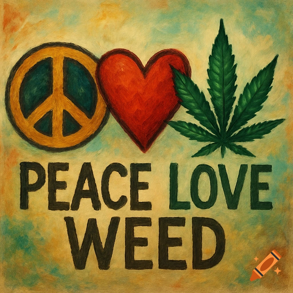 A painterly image with a peace sign, red heart, and cannabis leaf above ...