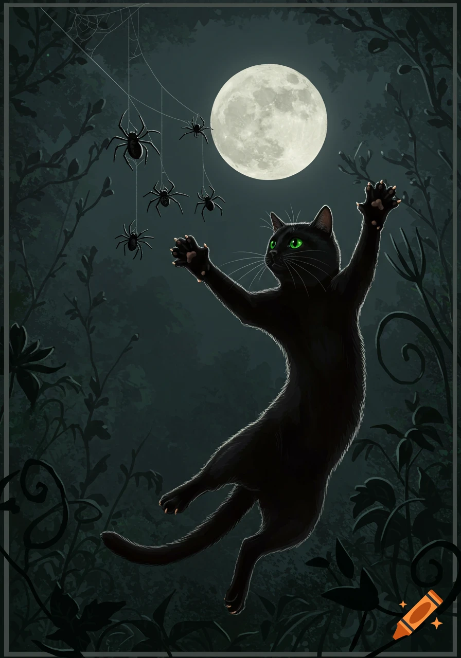 A black cat jumps up towards spiders hanging from a web under a full ...