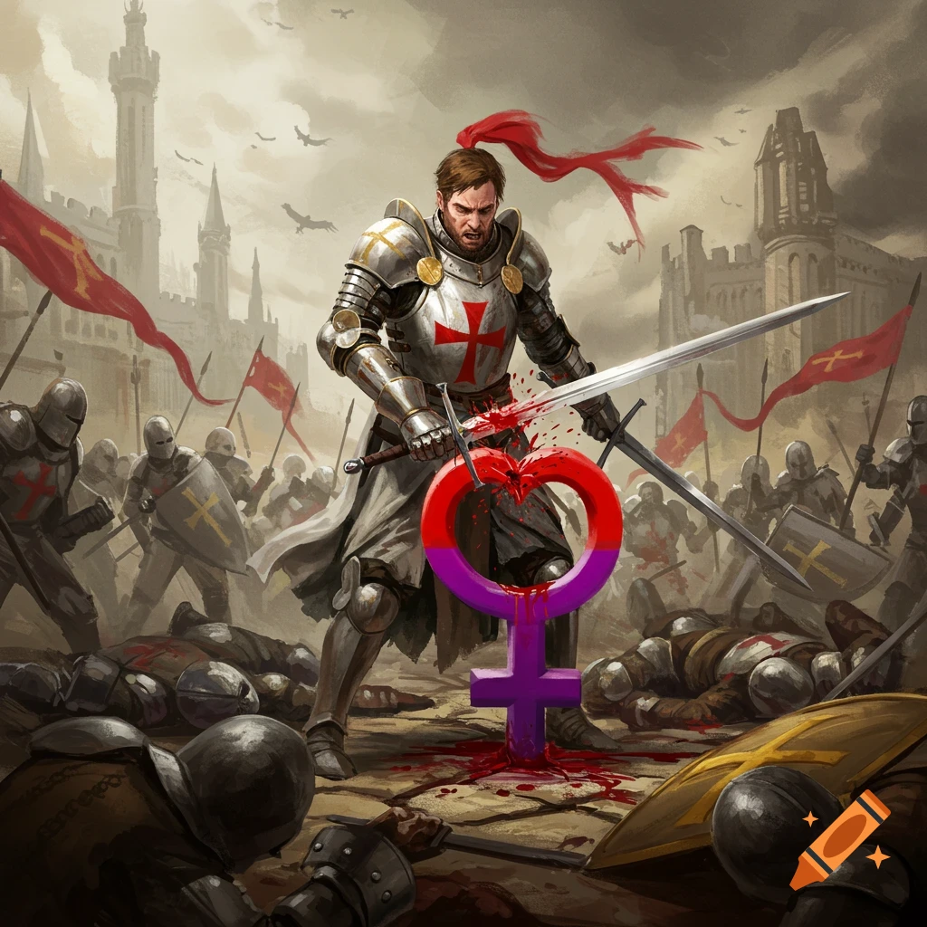 Fantasy art of a crusader knight in battle striking a heart-shaped ...