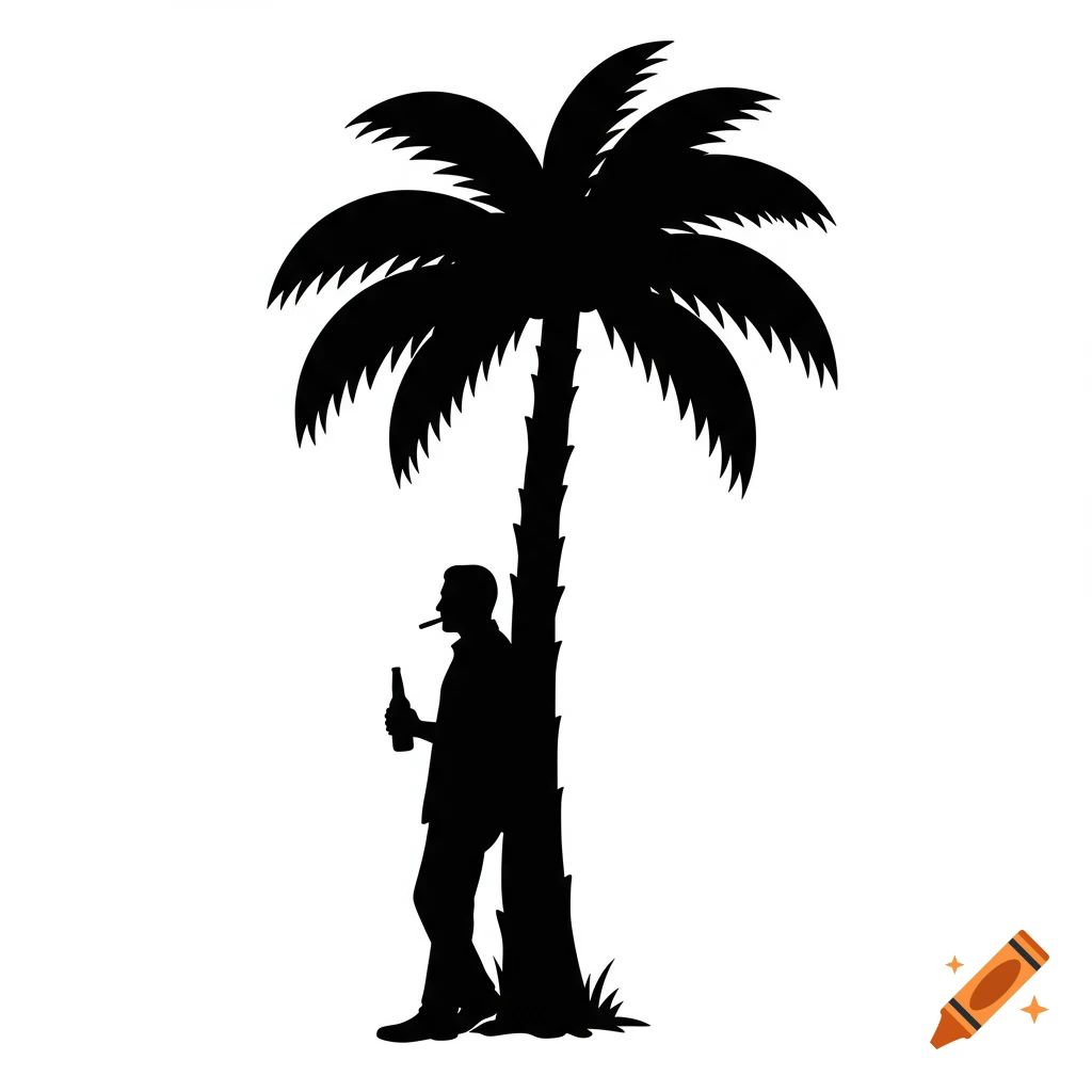 Black silhouette of a man leaning on a palm tree, holding a bottle and ...