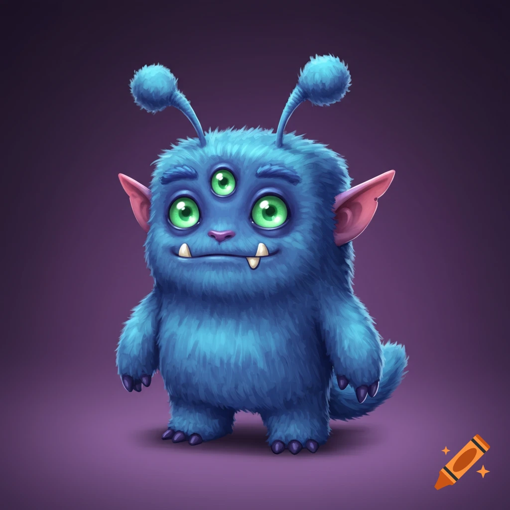 A blue furry monster with three green eyes, elf ears, two antennae, and ...