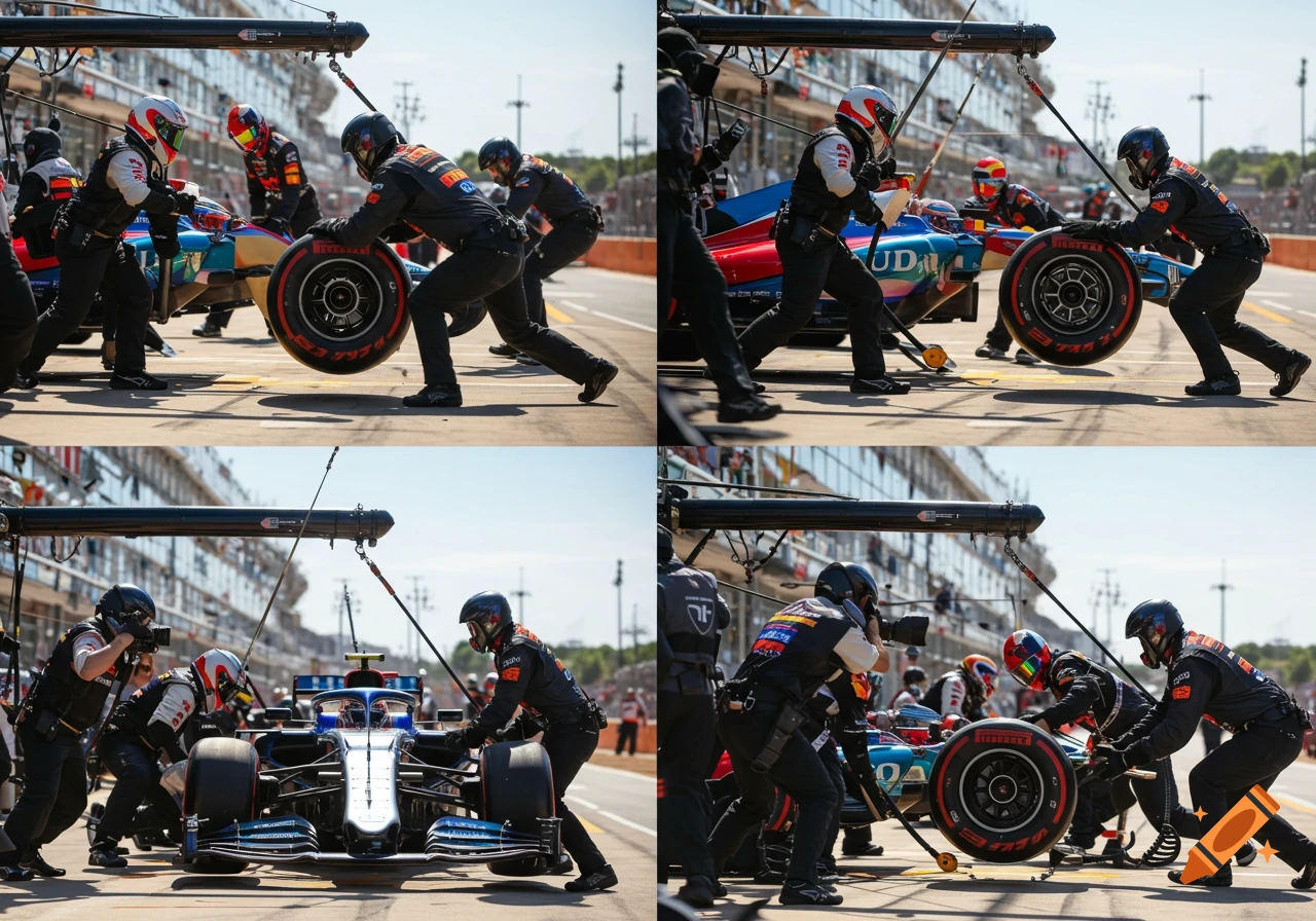 Photorealistic scene of a Formula 1 pit stop with mechanics changing ...