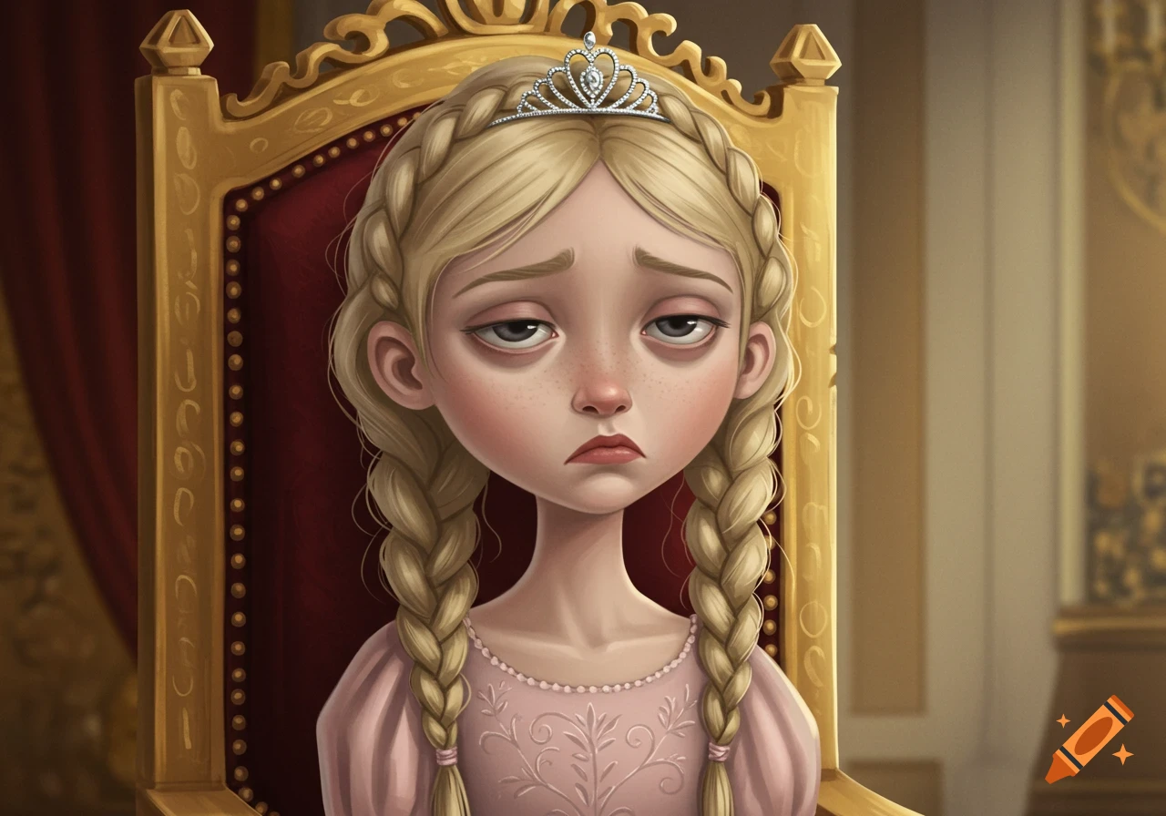 Illustrative portrait of a bored young princess sitting on a golden ...