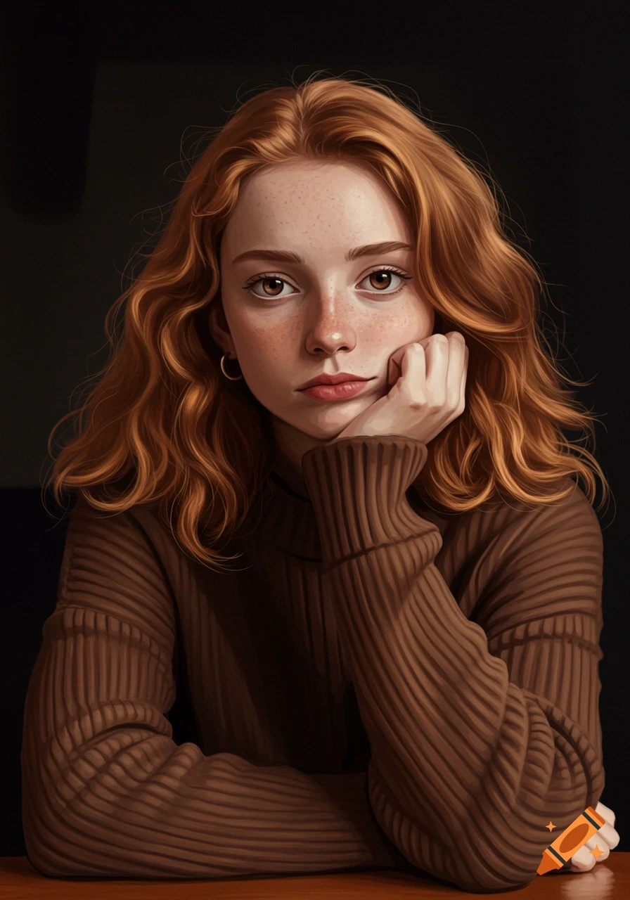 A digital painting portrait of a teenage girl with wavy red hair and freckles, wearing a brown ...