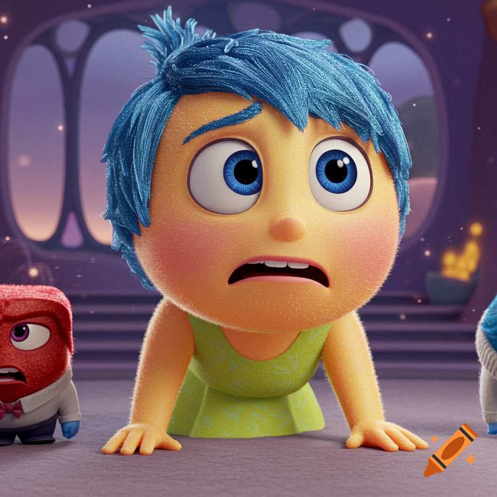 Animated character resembling Joy from Inside Out looks scared next to ...