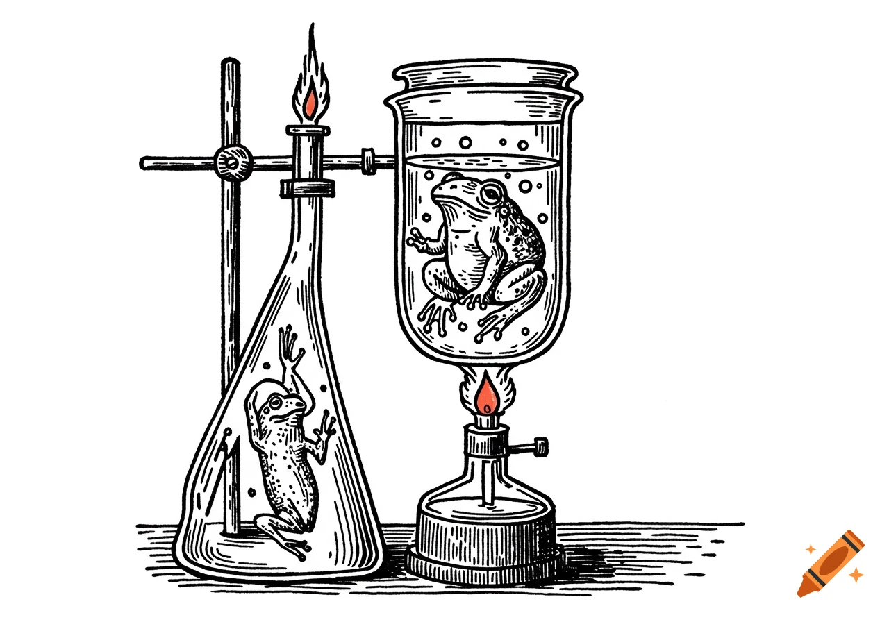 Etch woodcut illustration of frogs in glass beakers heated by flames ...